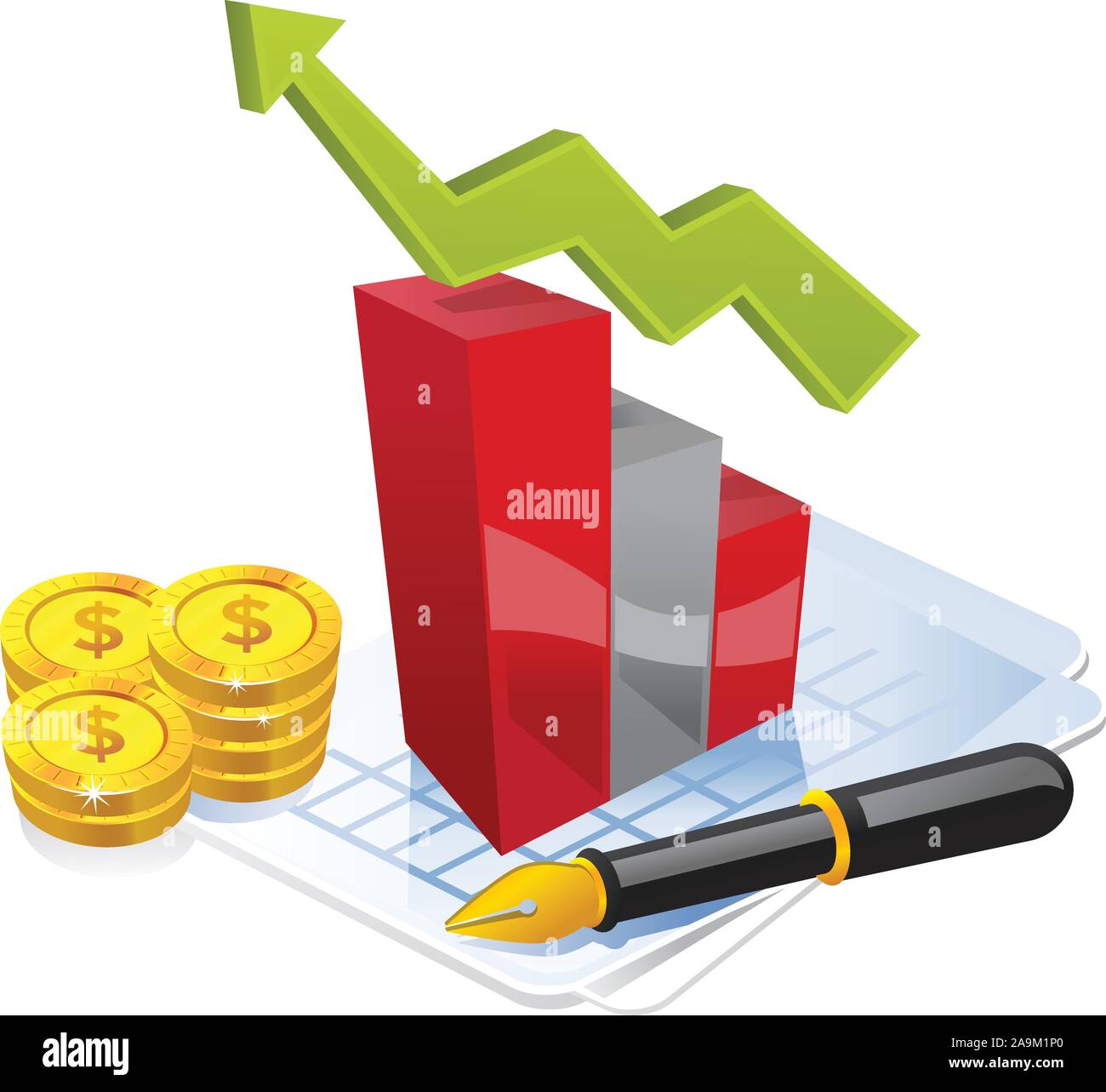 3D Illustration of green progressive arrow, bar graph, dollar coin and ...