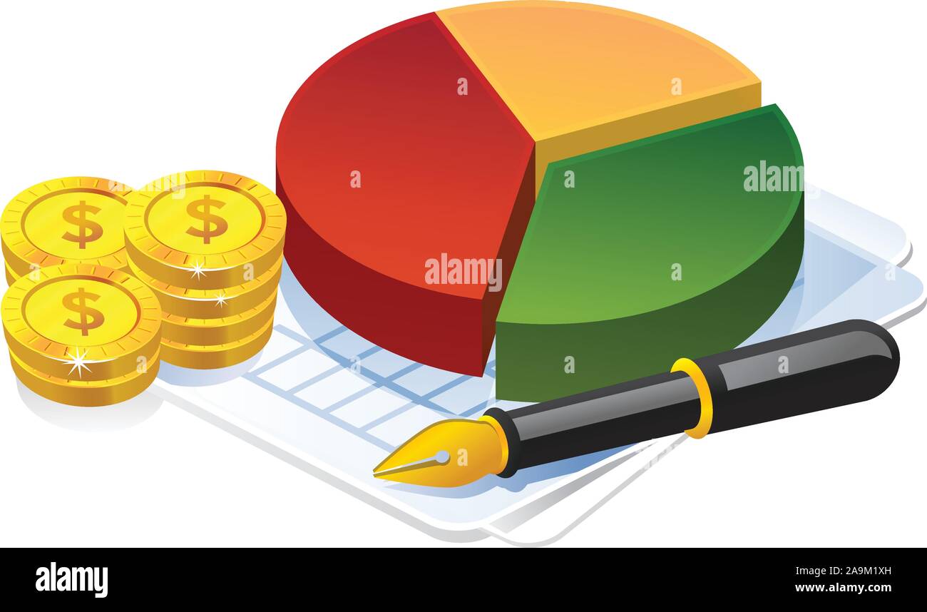 3D Illustration of Pie Chart, dollar coin and pen. Business and finance ...
