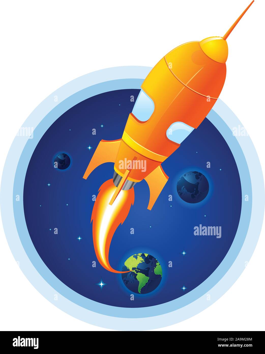 Rocket launched into space, planets and earth in background Stock ...