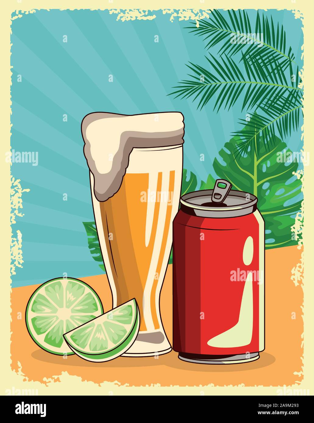 beer glass and soda can over tropical leaves and retro style background ...