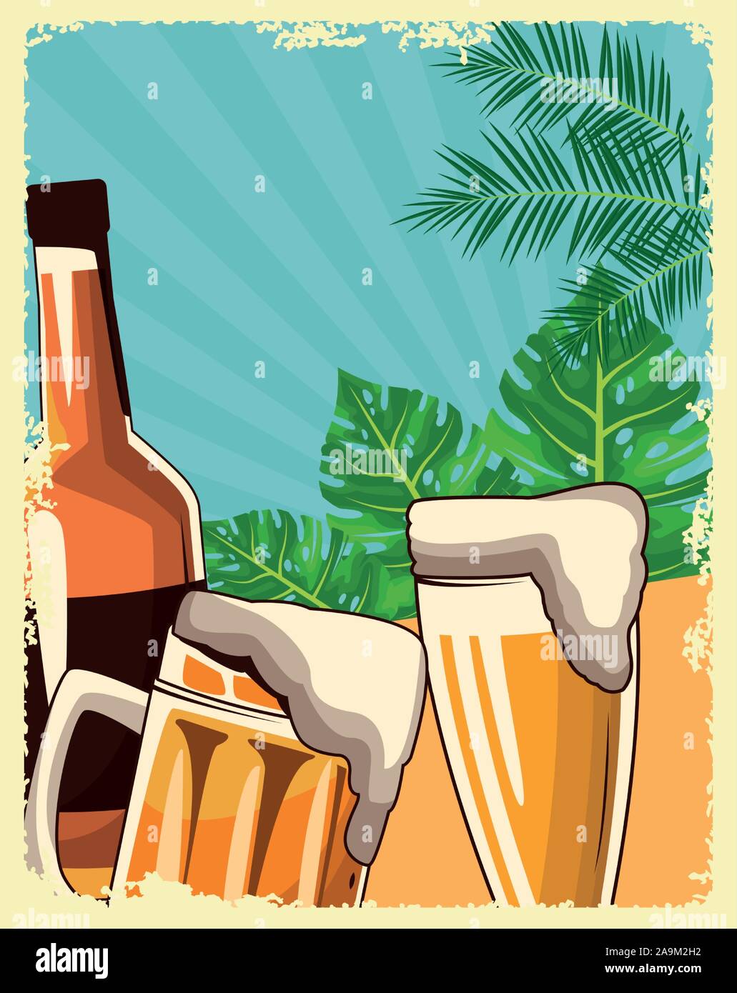 beer bottle and mugs over tropical leaves and retro style background ...