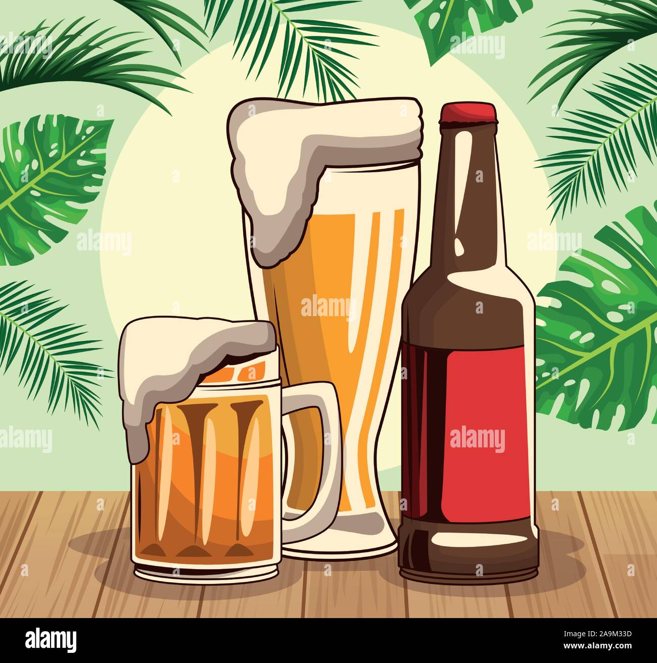 beer bottle and mugs over tropical leaves and retro style background ...