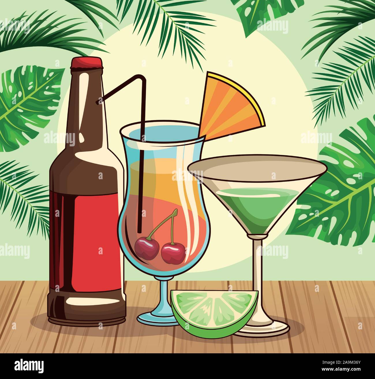 tropical cocktails and beer bottle over tropical leaves and retro style ...