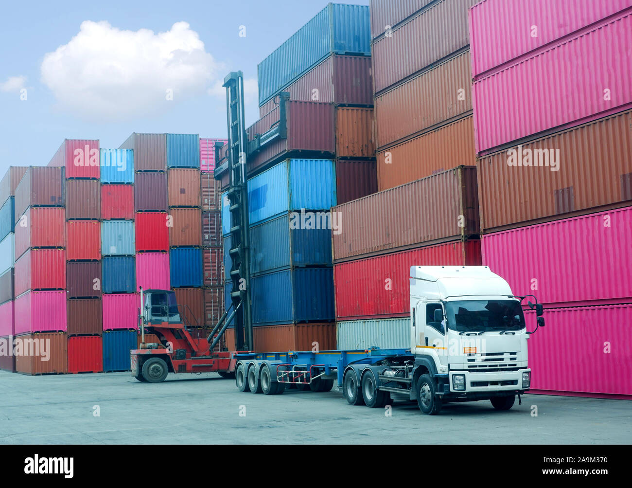 Container handlers Load to truck In the harbor with storage cabinet ...