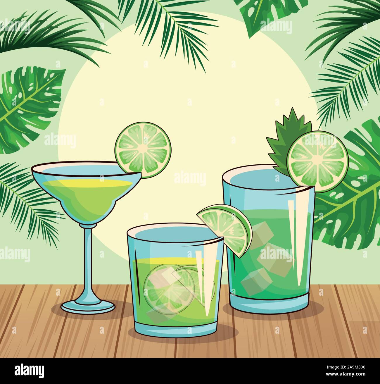 green cocktails over tropical leaves and retro style background Stock ...