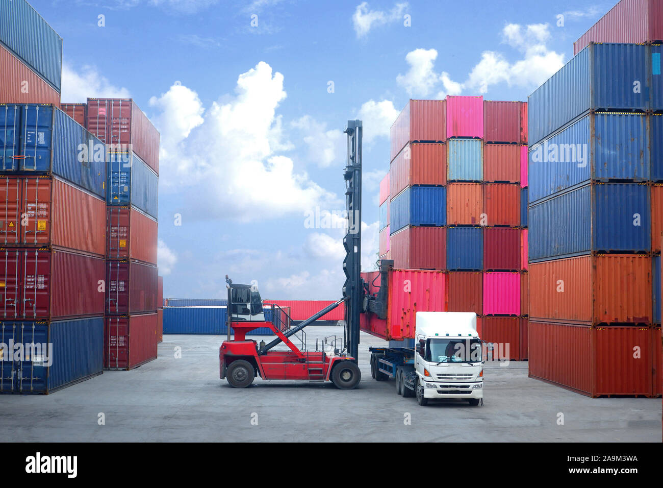 Container handlers work in cargo ports, cargo stations Stock Photo - Alamy