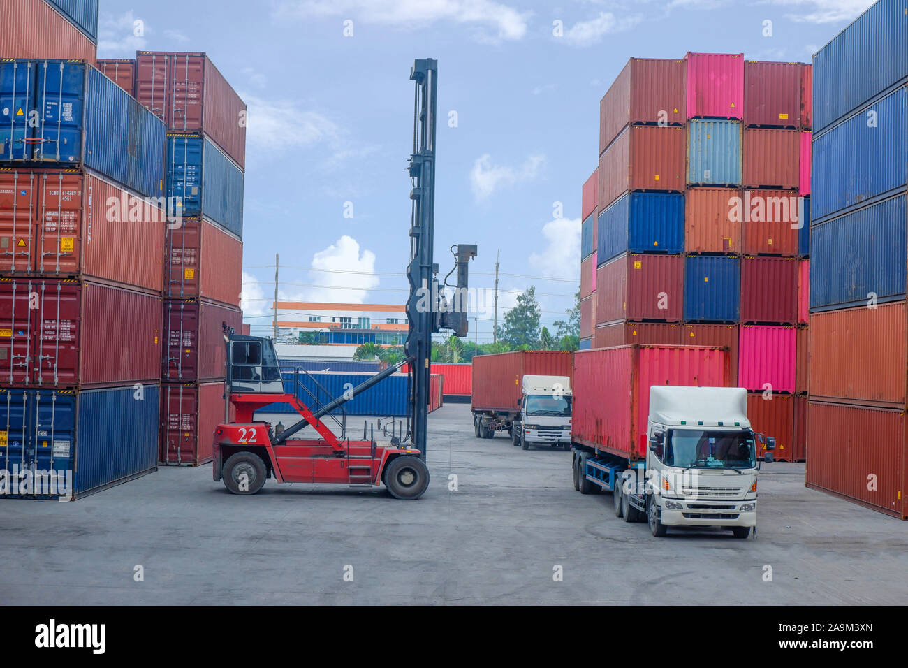 Container handlers work in cargo ports, cargo stations Stock Photo - Alamy