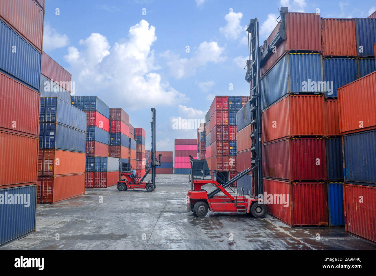 Container handlers work in cargo ports, cargo stations Stock Photo - Alamy