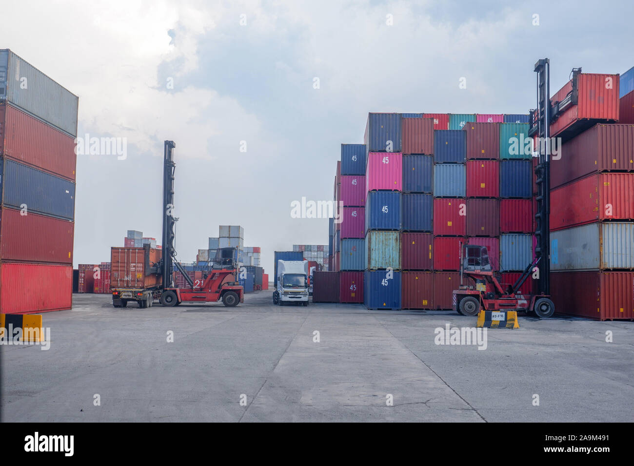 Container handlers in the harbor Informational communication Stock ...