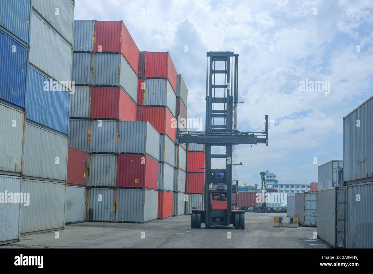 Container handlers in the harbor Informational communication Stock ...