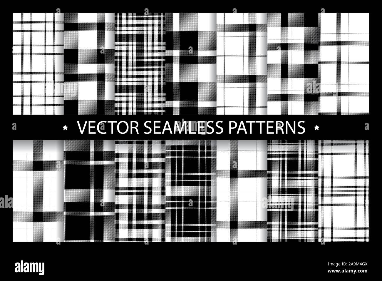 Plaid pattern seamless ornate. Set black white vector background ...