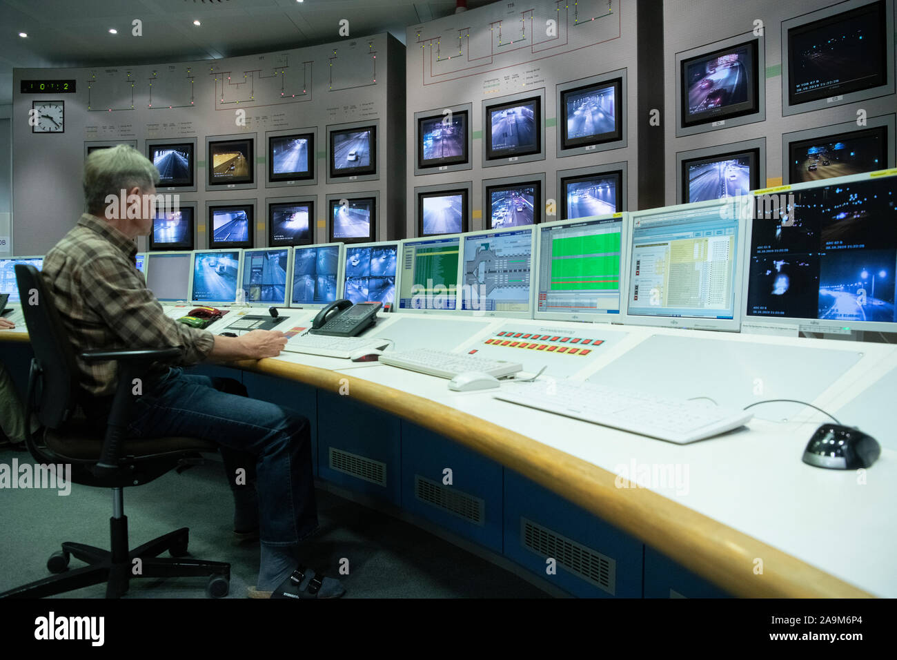 Berlin, Germany. 30th Oct, 2019. A man sits in the tunnel control ...