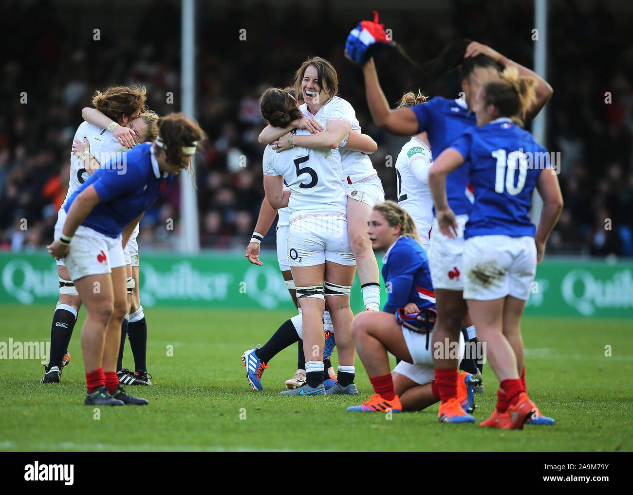 England's Katy Daley-Mclean and Abbie Scott celebrate at full time ...