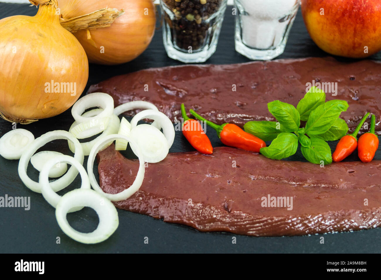 Fresh cattle liver with roasted Onions and mashed potatoes Stock Photo ...