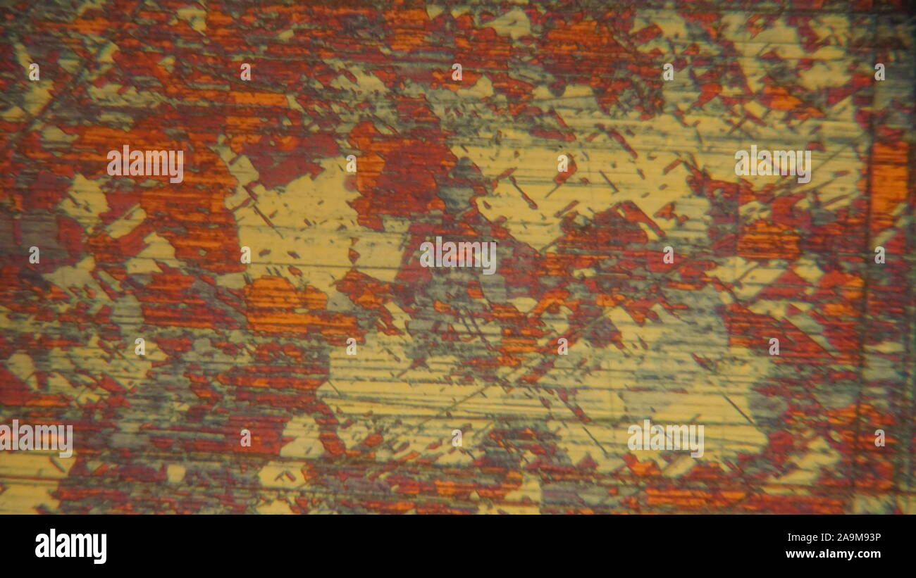 heat tinted micrograph of rolled copper at 300x magnification showing ...
