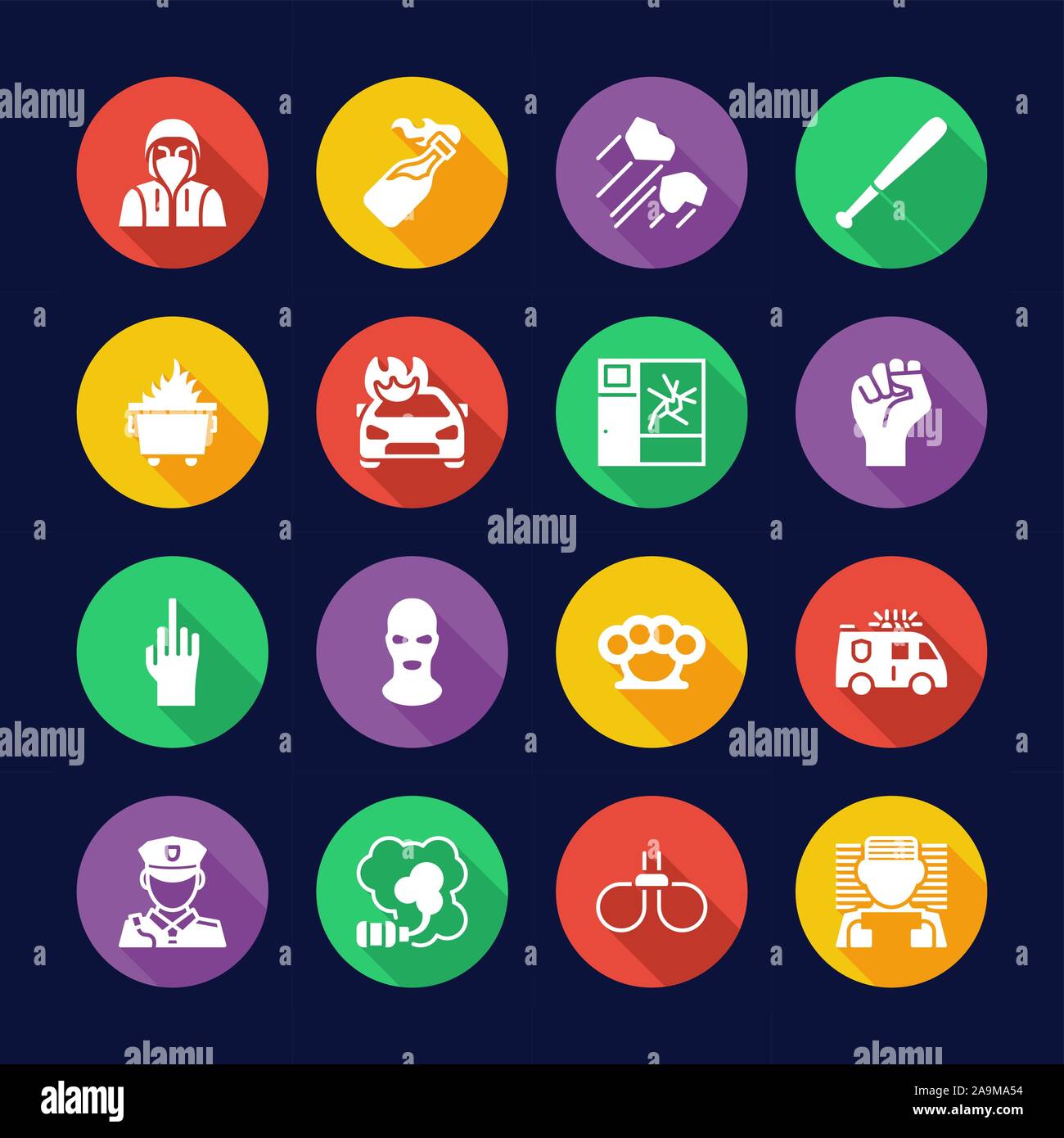 Riot or Public Disturbance Icons Flat Design Circle Set Stock Vector ...