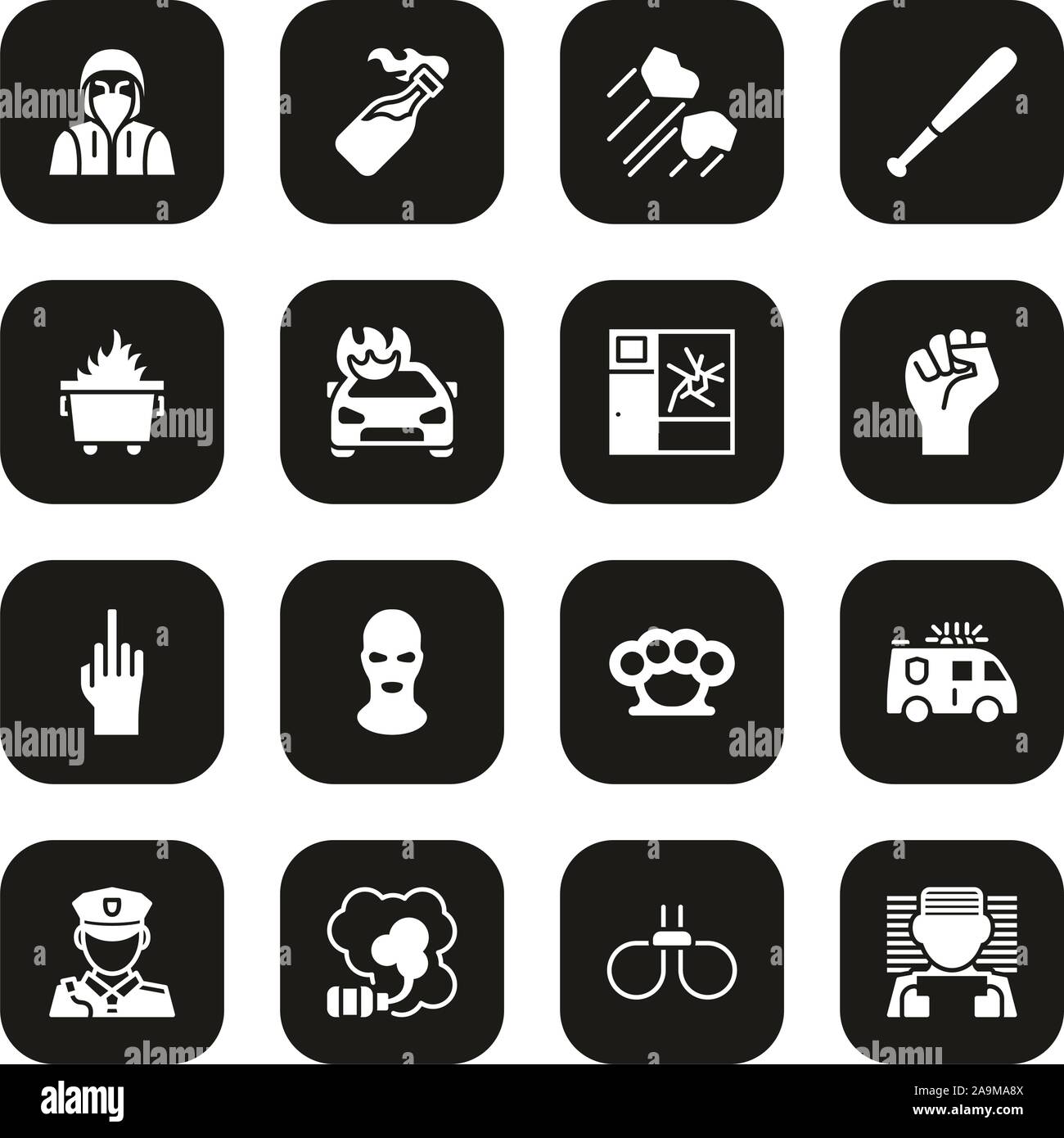 Riot or Public Disturbance Icons White on Black Set Stock Vector Image ...