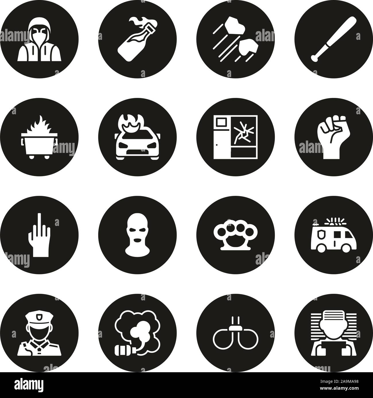 Riot or Public Disturbance Icons White on Black Circle Set Stock Vector ...