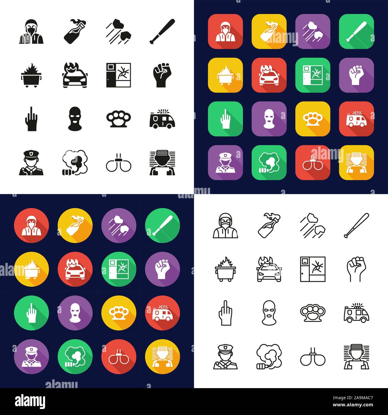 Riot or Public Disturbance Icons All in One Icons -Black & White-Color ...