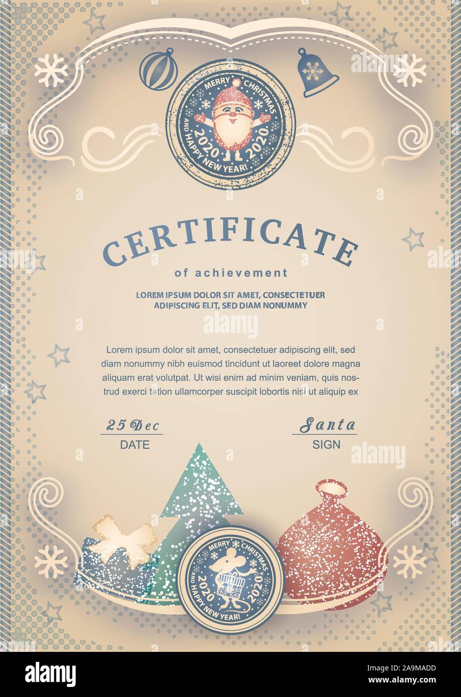 Christmas white certificate with Santa Claus and Rat. Winter frozen ...