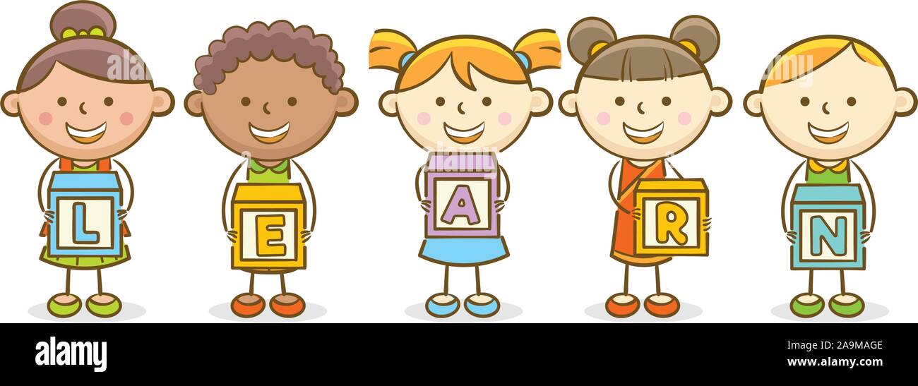 Doodle kid illustration: Alphabet block spelling Learn Stock Vector ...