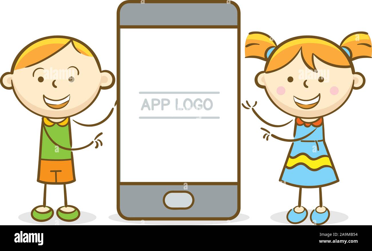 Doodle kid illustration: Boy and girl presenting a blank mobile phone ...