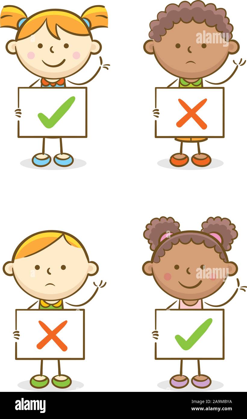 Doodle kid illustration: Set of kids with right and wrong symbol on a ...