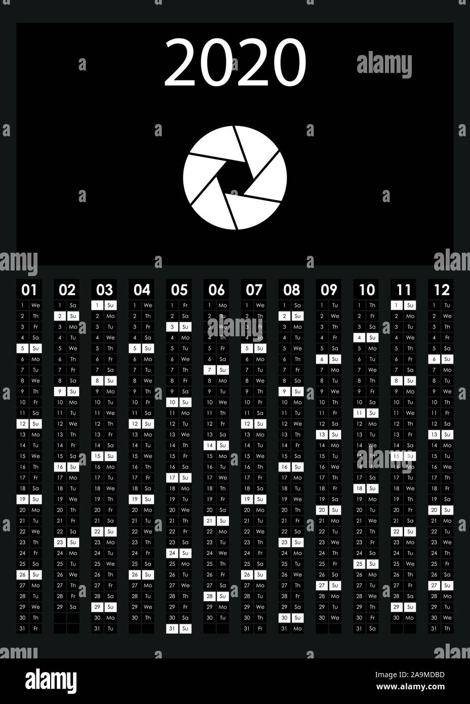 Calendar for 2020. Monochrome colors. White and black. All year on one ...