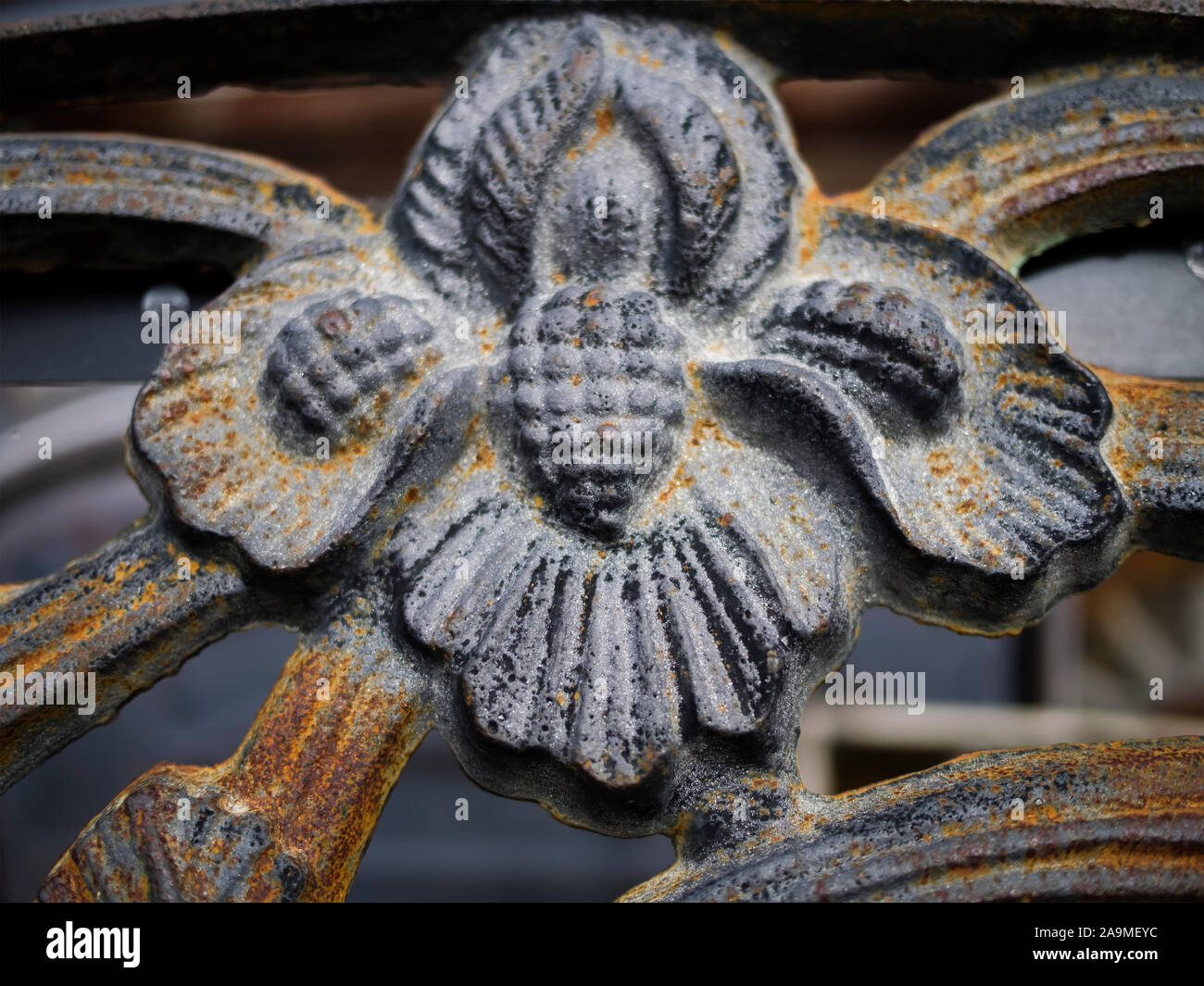 Rusty, Old Wrought Iron Fence closeup of decorative details Stock Photo ...