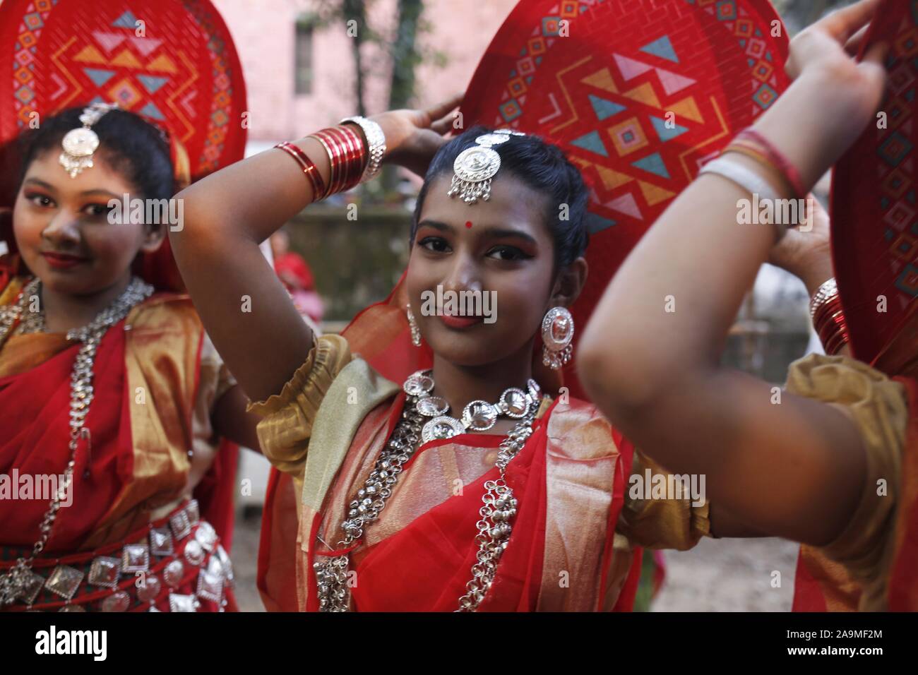 November 16, 2019, Dhaka, Bangladesh: Girls pose for a photo backstage ...