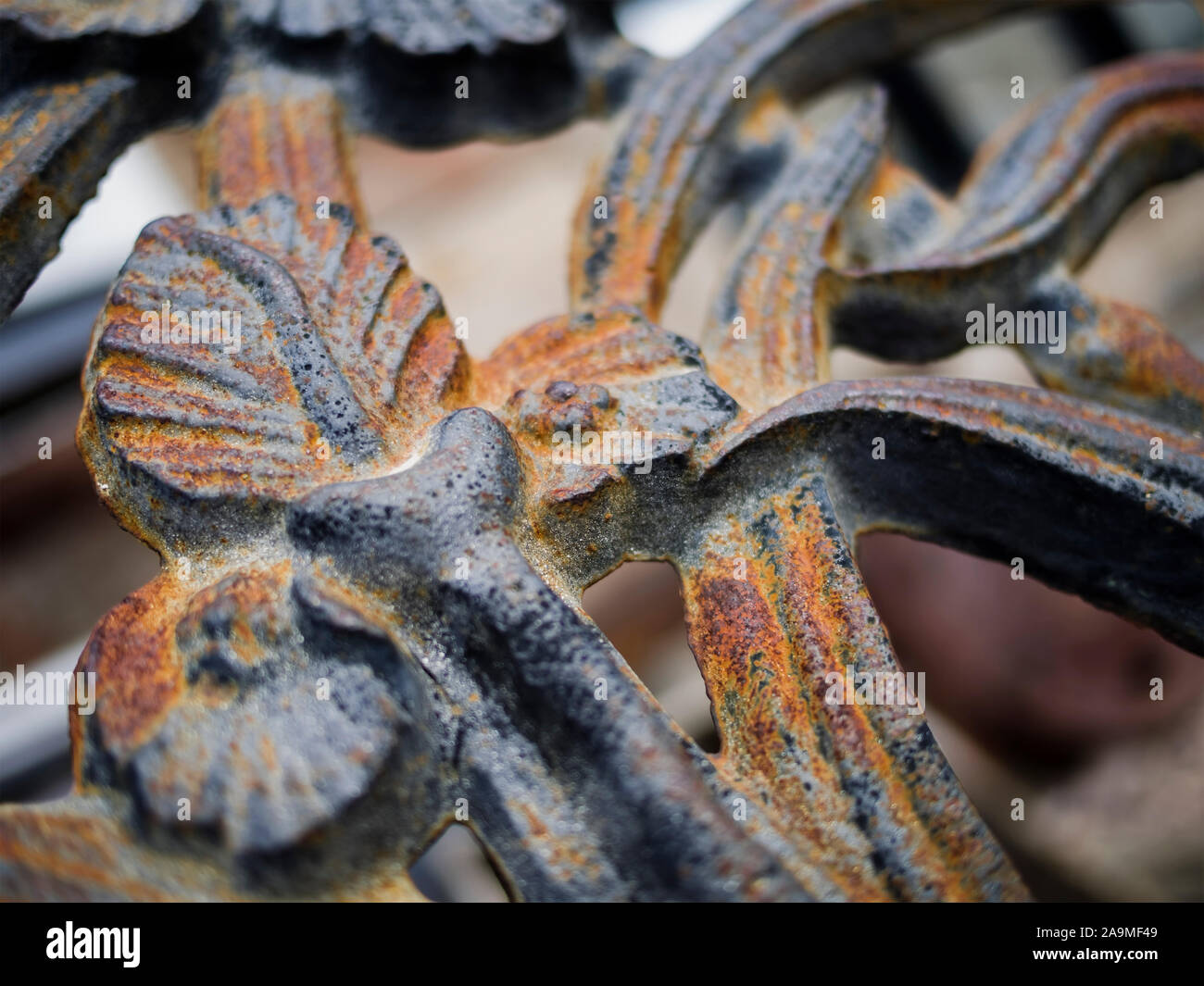Rusty, Old Wrought Iron Fence closeup of decorative details Stock Photo ...