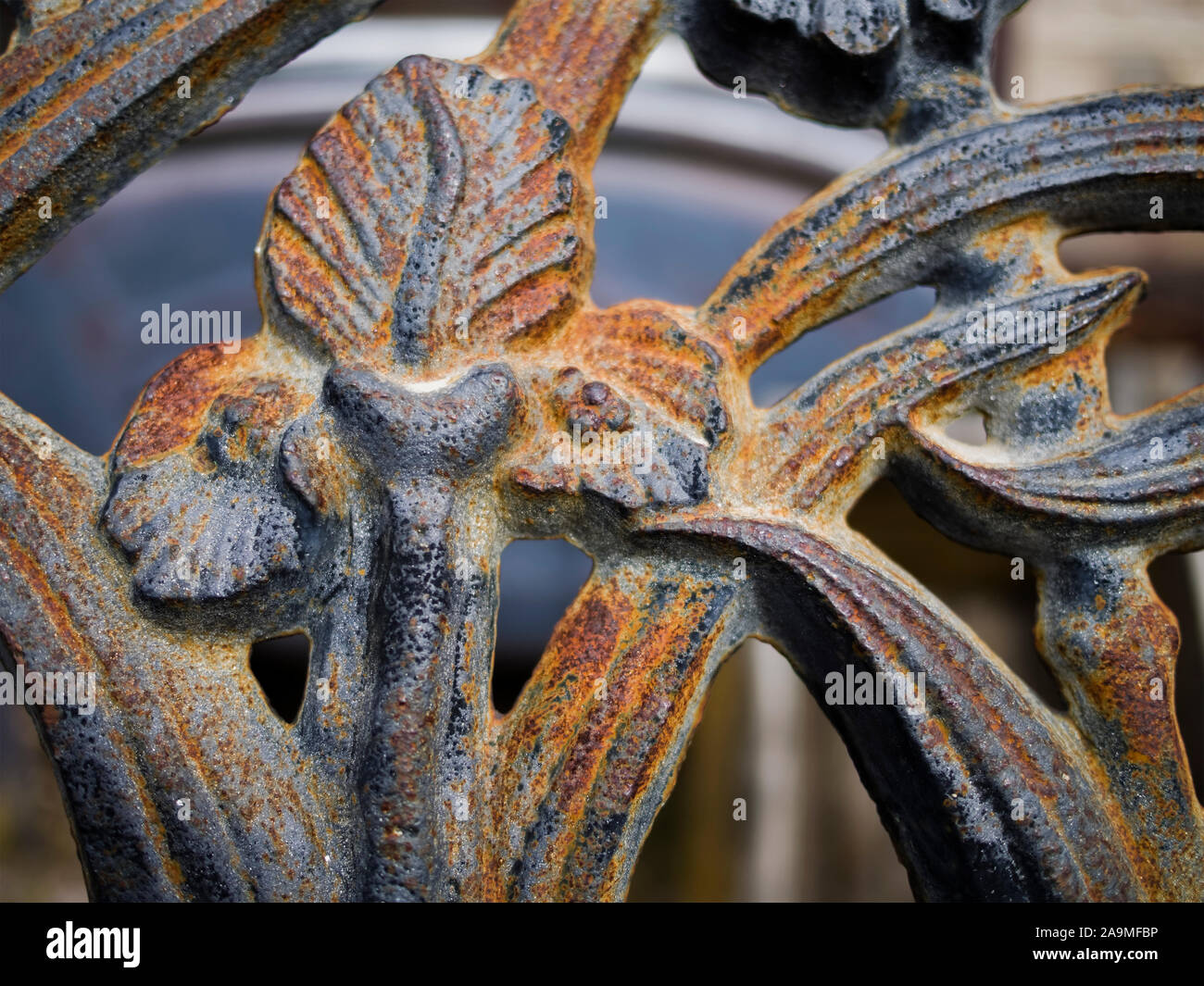 Rusty, Old Wrought Iron Fence closeup of decorative details Stock Photo ...