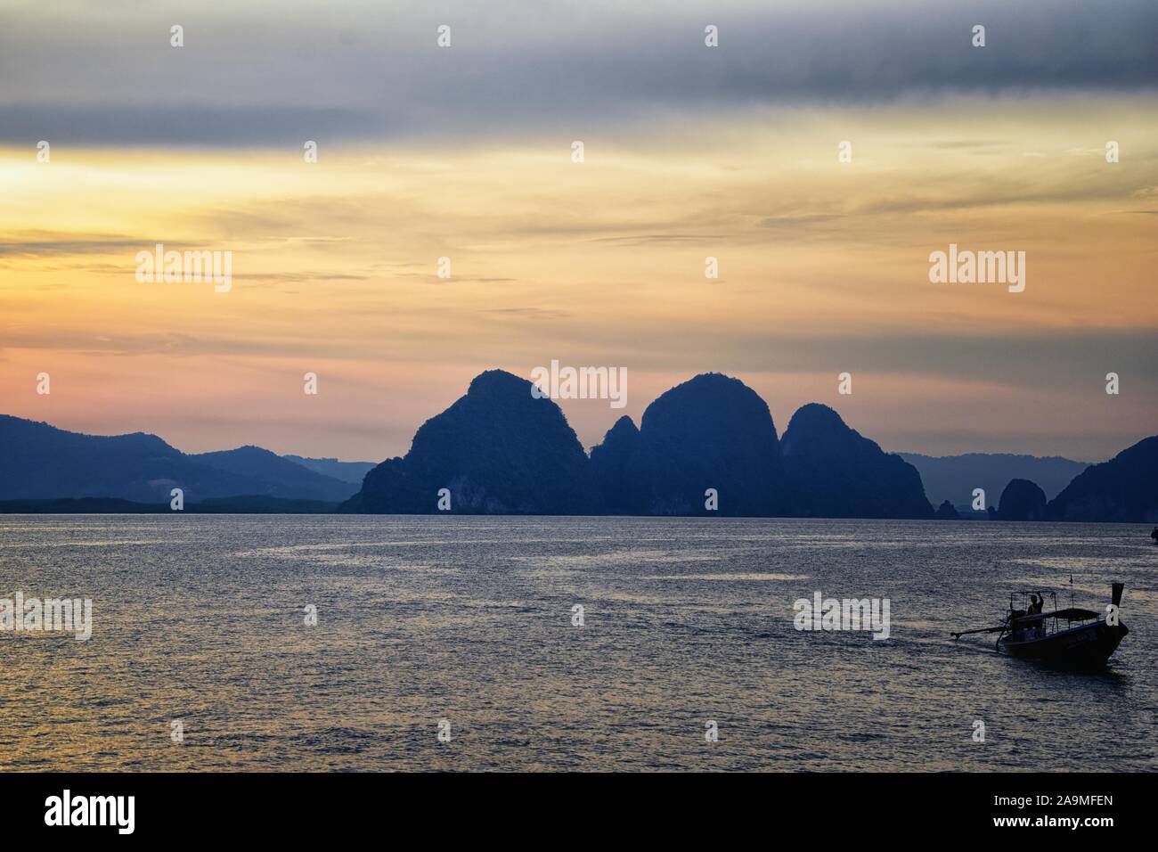 Islands Sunset, Ocean panorama views near Phuket with deep Red, Orange, Purple and Blue ...
