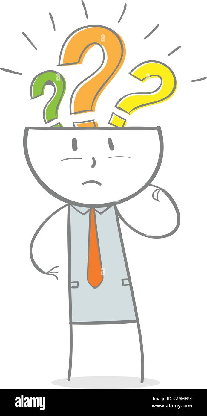 Doodle stick figure: Doubt concept. businessman with questions coming ...