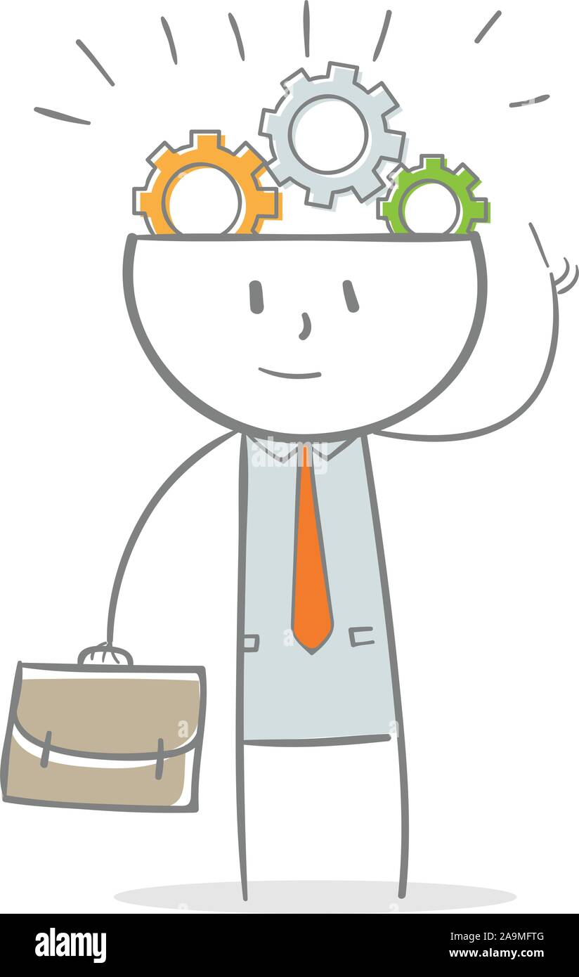 Doodle stick figure: Active businessman concept. with gears on the head ...