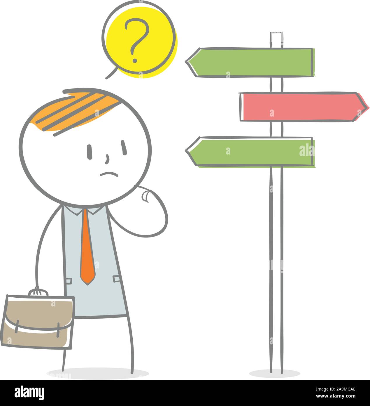 Doodle stick figure: Businessman confused by directional sign Stock ...