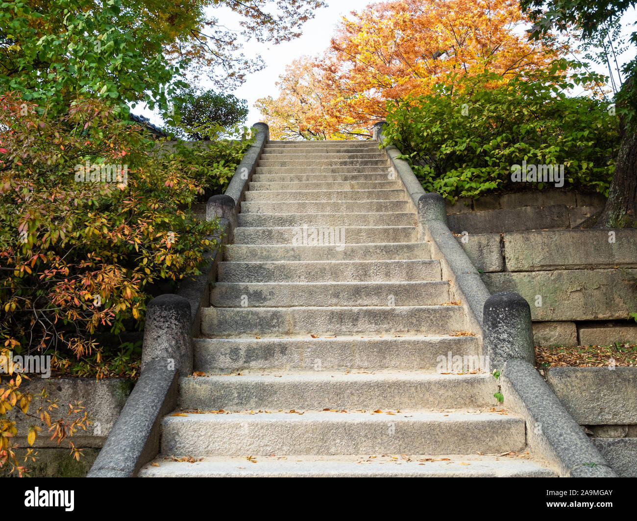 travel to South Korea - old stone staircase in park between Changgyeong ...