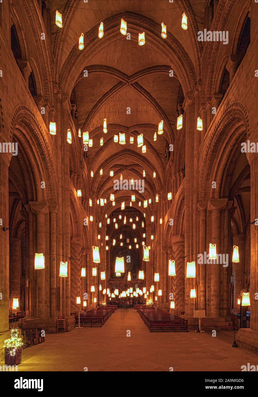 Durham Cathedral at night during Durham Lumiere 2019, Durham, County ...