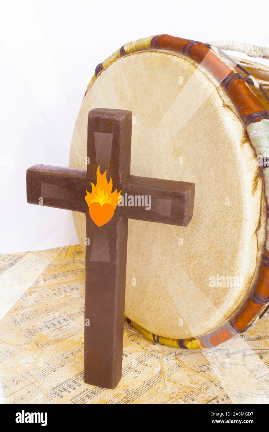Symbols of the Christianity and instrumen and sheet of music Stock ...