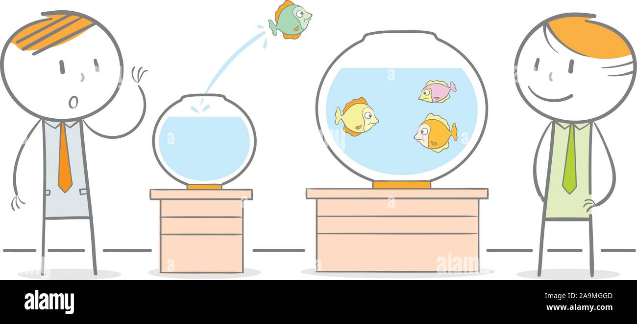 Doodle illustration of a fish jumping out to another fish bowl Stock ...