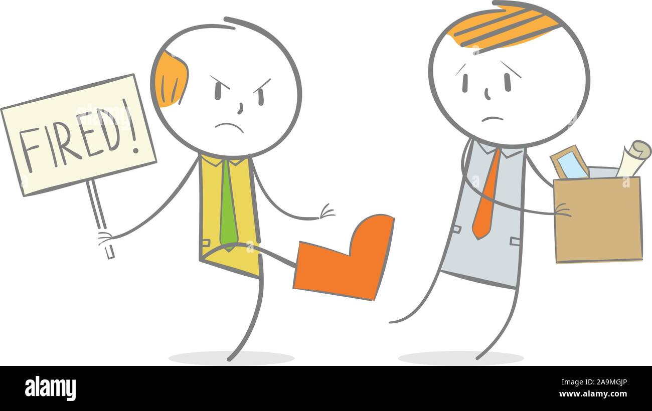 Doodle stick figure: A boss kicking his employee carrying box Stock ...
