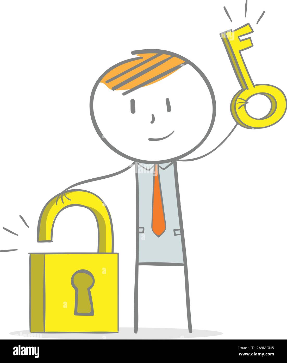 Doodle stick figure:Businessman holding a golden key and opened padlock ...
