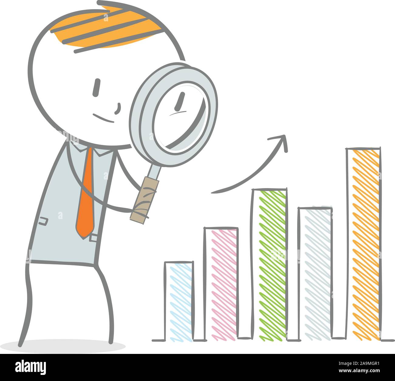 Doodle stick figure:Businessman with magnifier analyzing bar charts ...