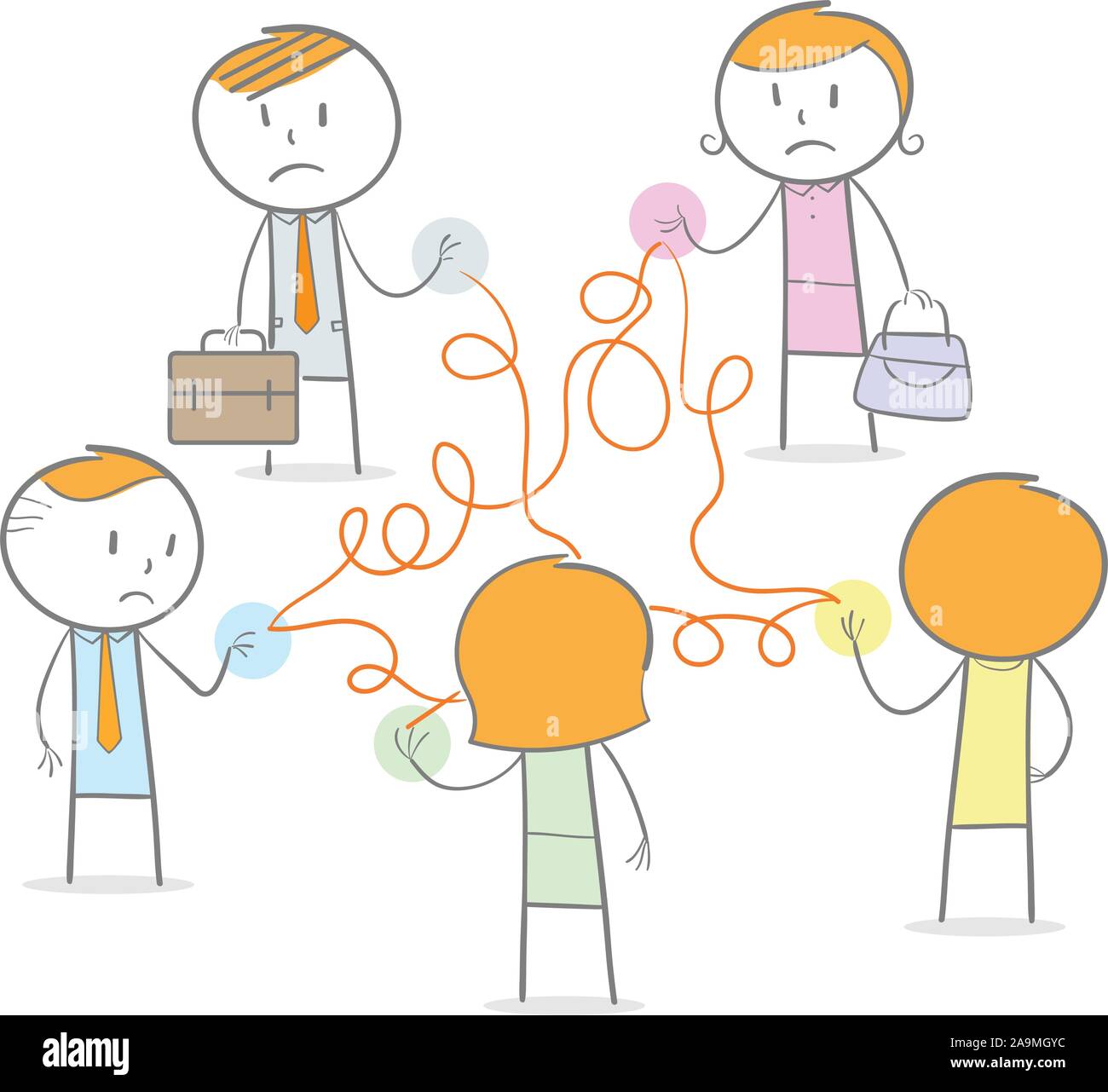 Doodle stick figures in a networking circle connected by tangled thread ...