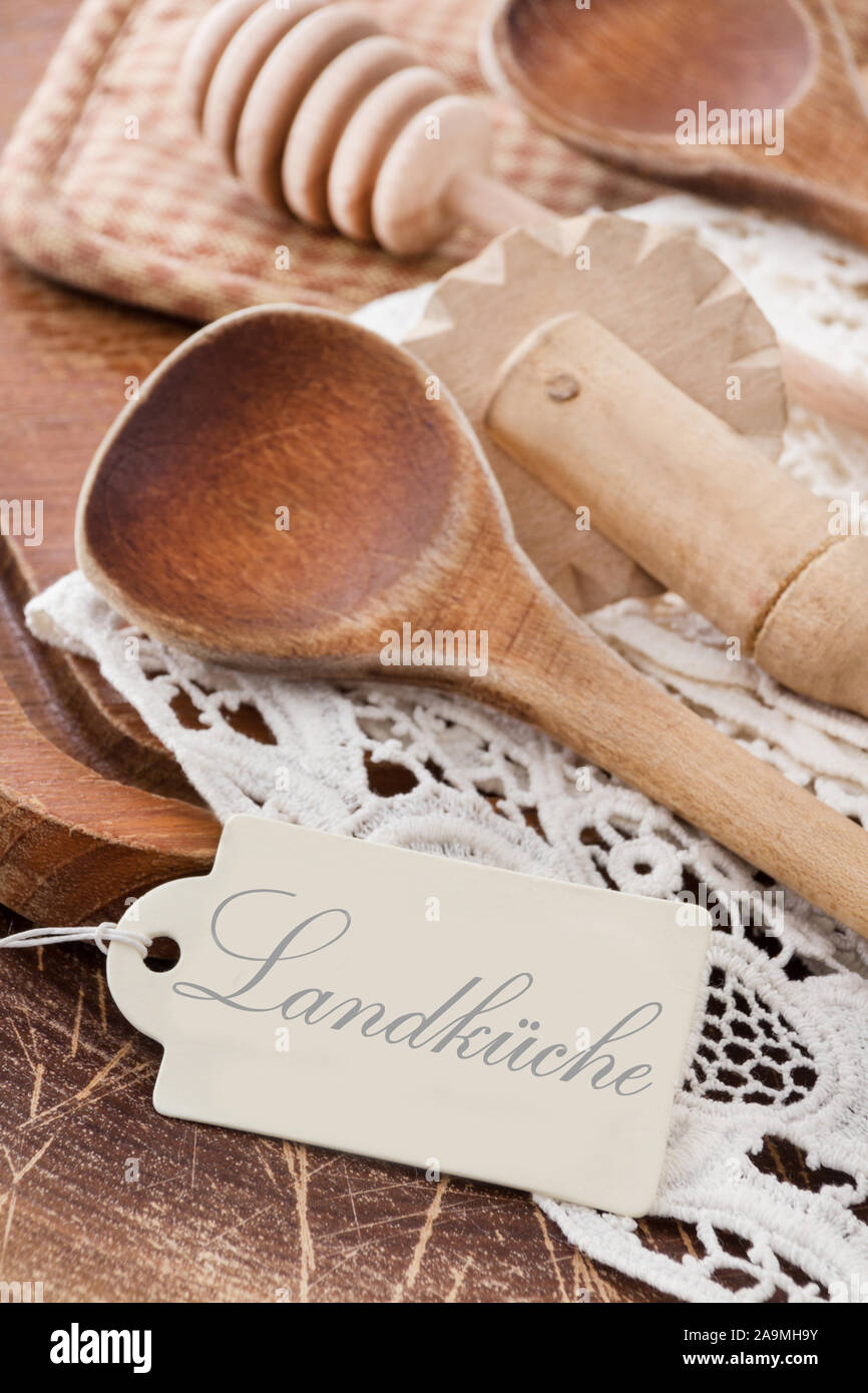 Cooking country kitchen cutlery wood Stock Photo - Alamy