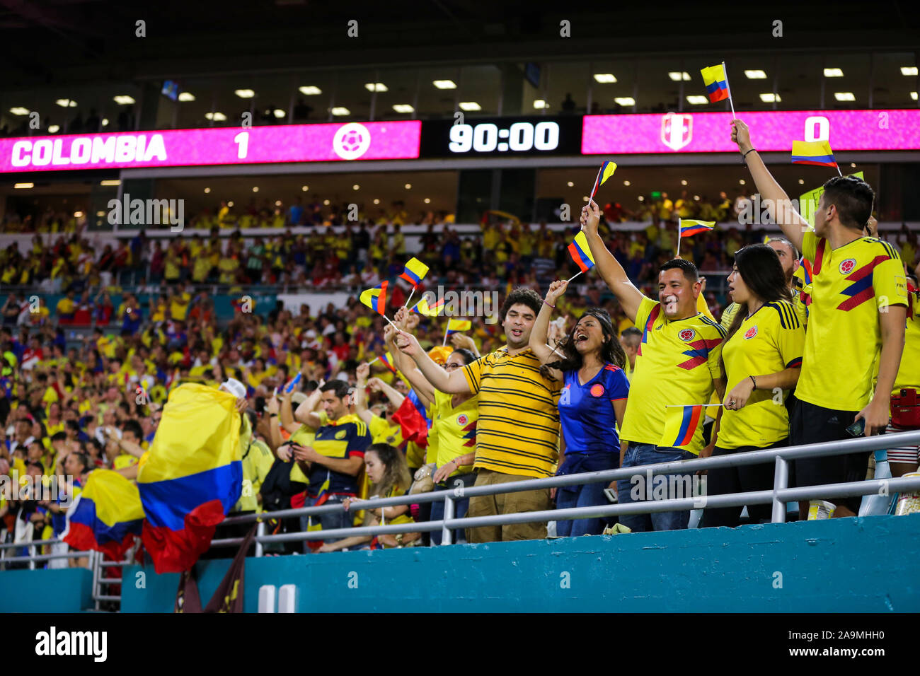 Miami Gardens, Florida, USA. 15th Nov, 2019. Colombian fans celebrate ...