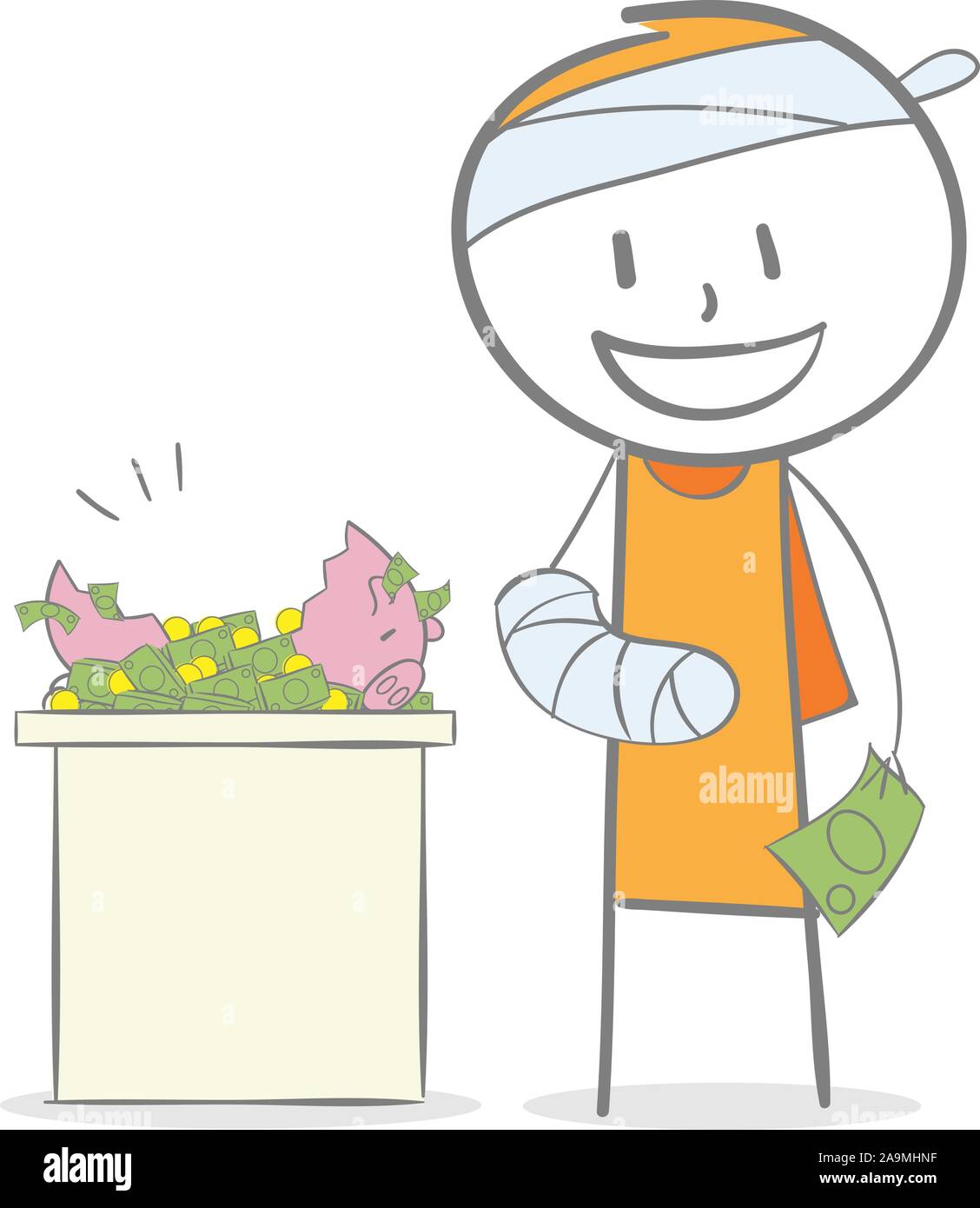 Doodle stick figure: Home insurance concept. Injured man looks happy ...
