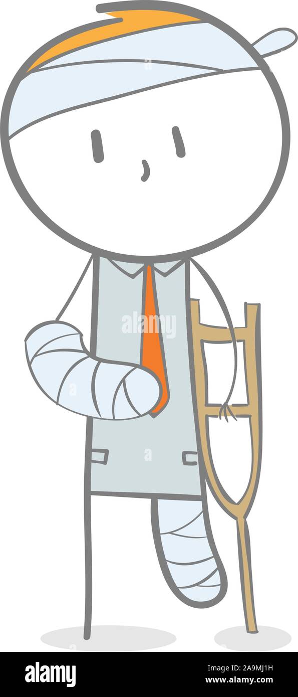 Doodle stick figure: Injured business man in plaster with the help of ...