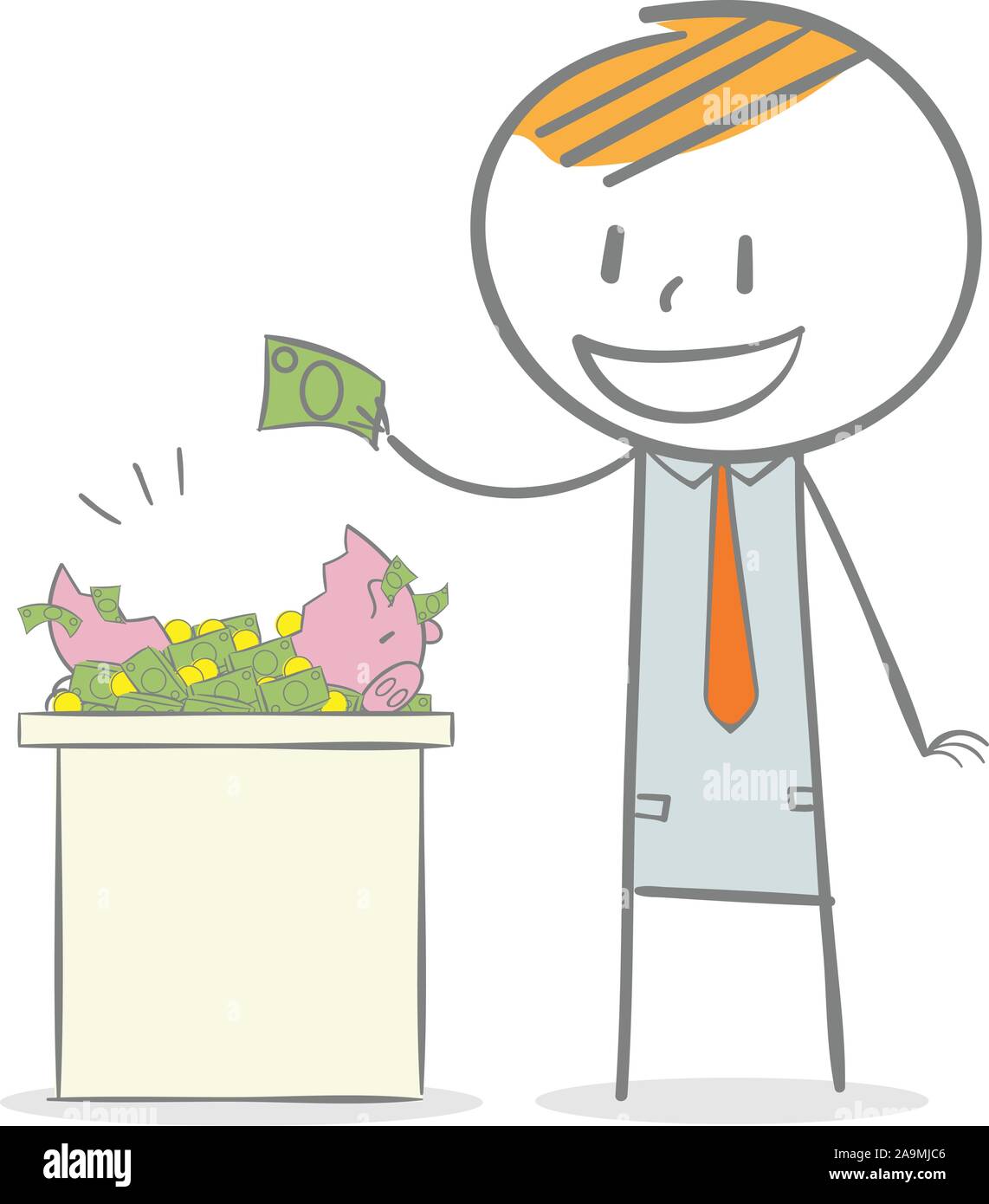 Doodle stick figure: Investment concept. Taking money from a piggy bank ...