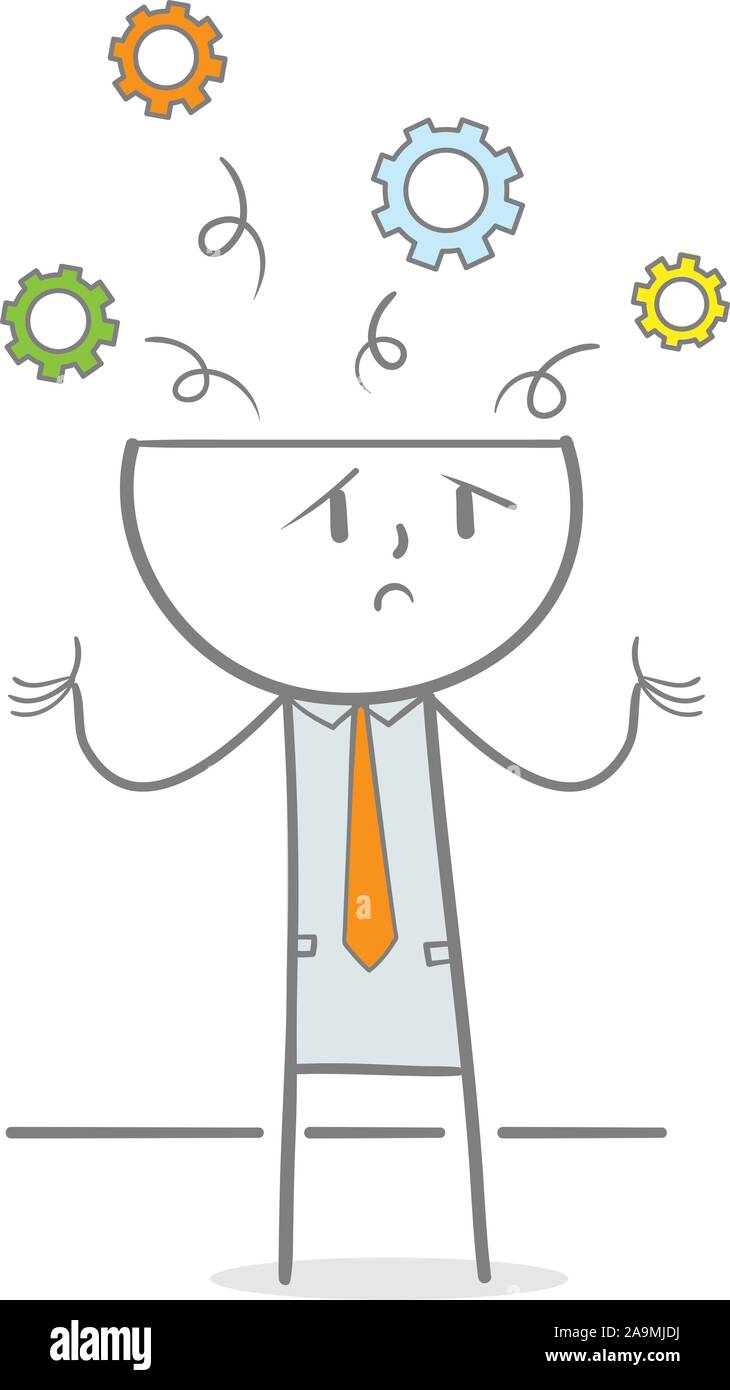 Doodle stick figure with an scattered gear, lack of productivity ...